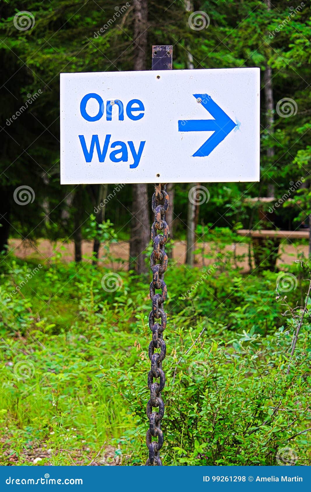 A One Way Sign with an Direction Arrow Stock Photo - Image of chain ...