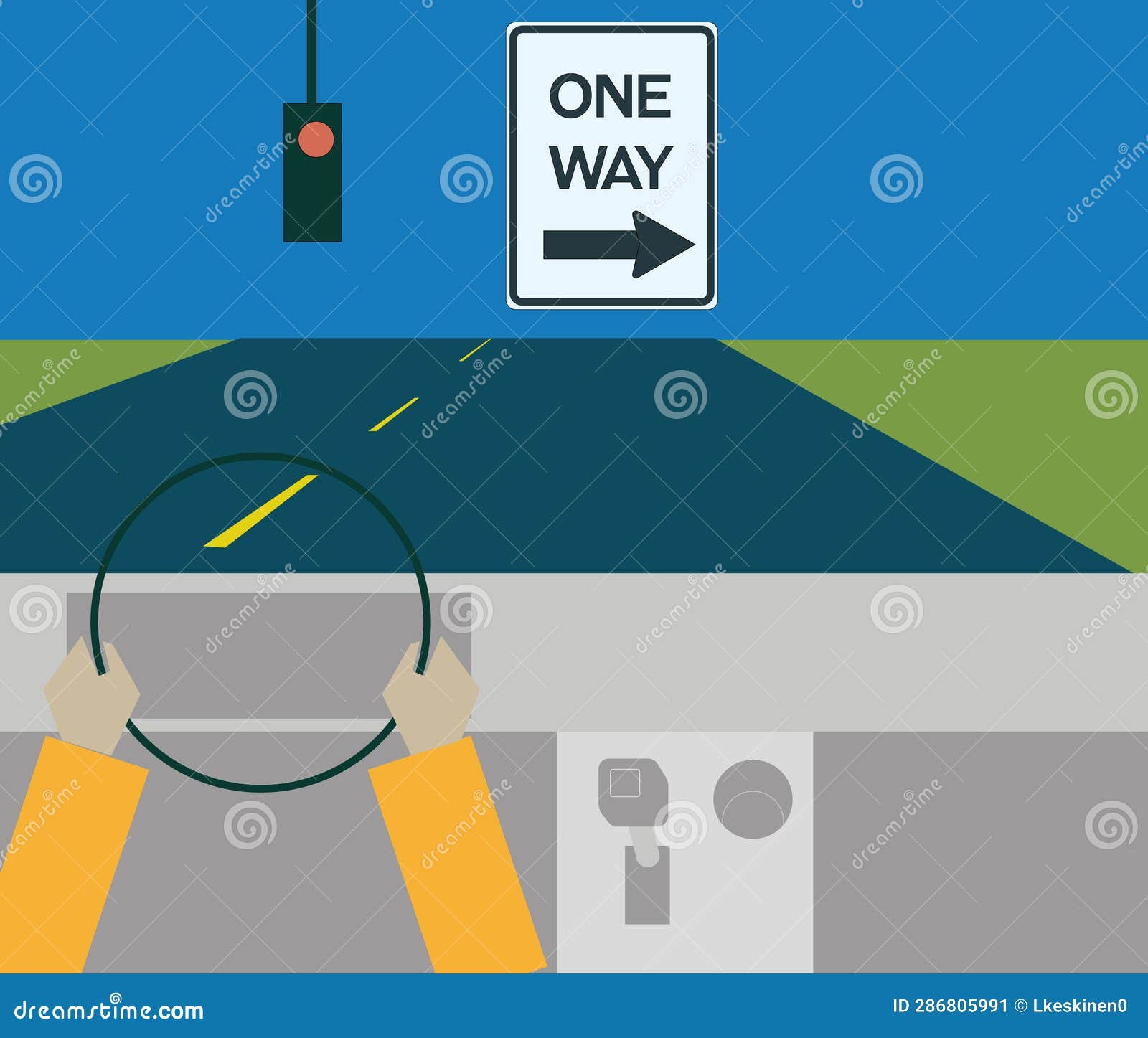 One way sign on road stock illustration. Illustration of follow - 286805991