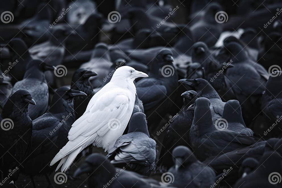One White Crow in Flock of Black Crows, Diversity Concept Stock ...