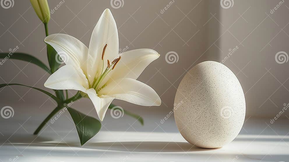 One White Easter Lily beside an Empty Easter Egg on a Bright Background ...