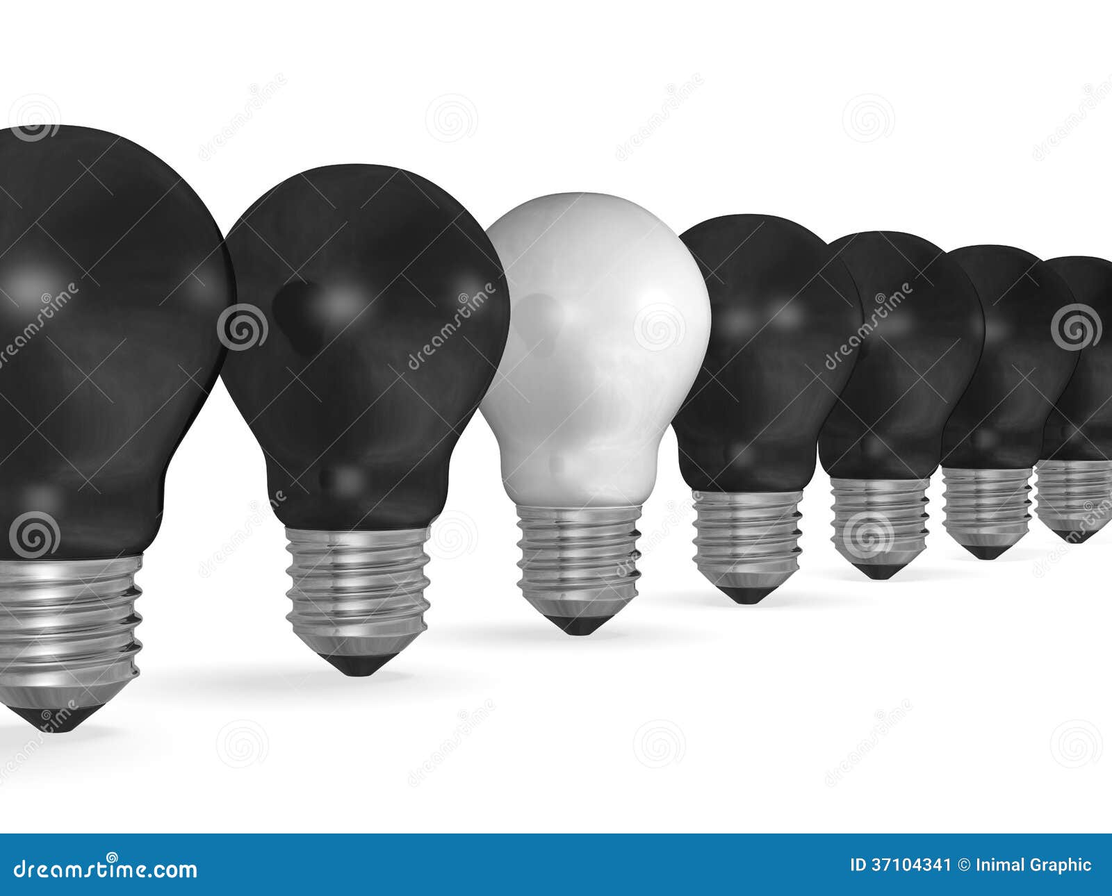 One White Light Bulb in Row of Many Black Ones Stock Illustration ...