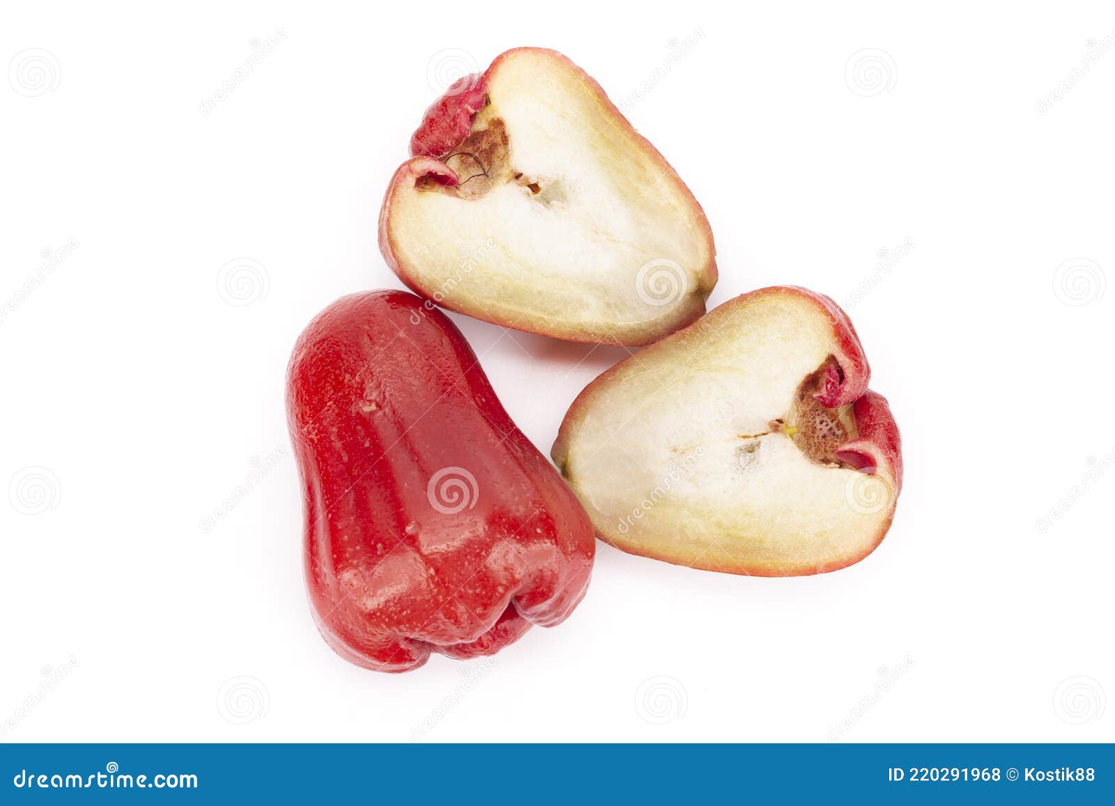 One Whole and Two Cut Half Java Apple Top View on White Background ...