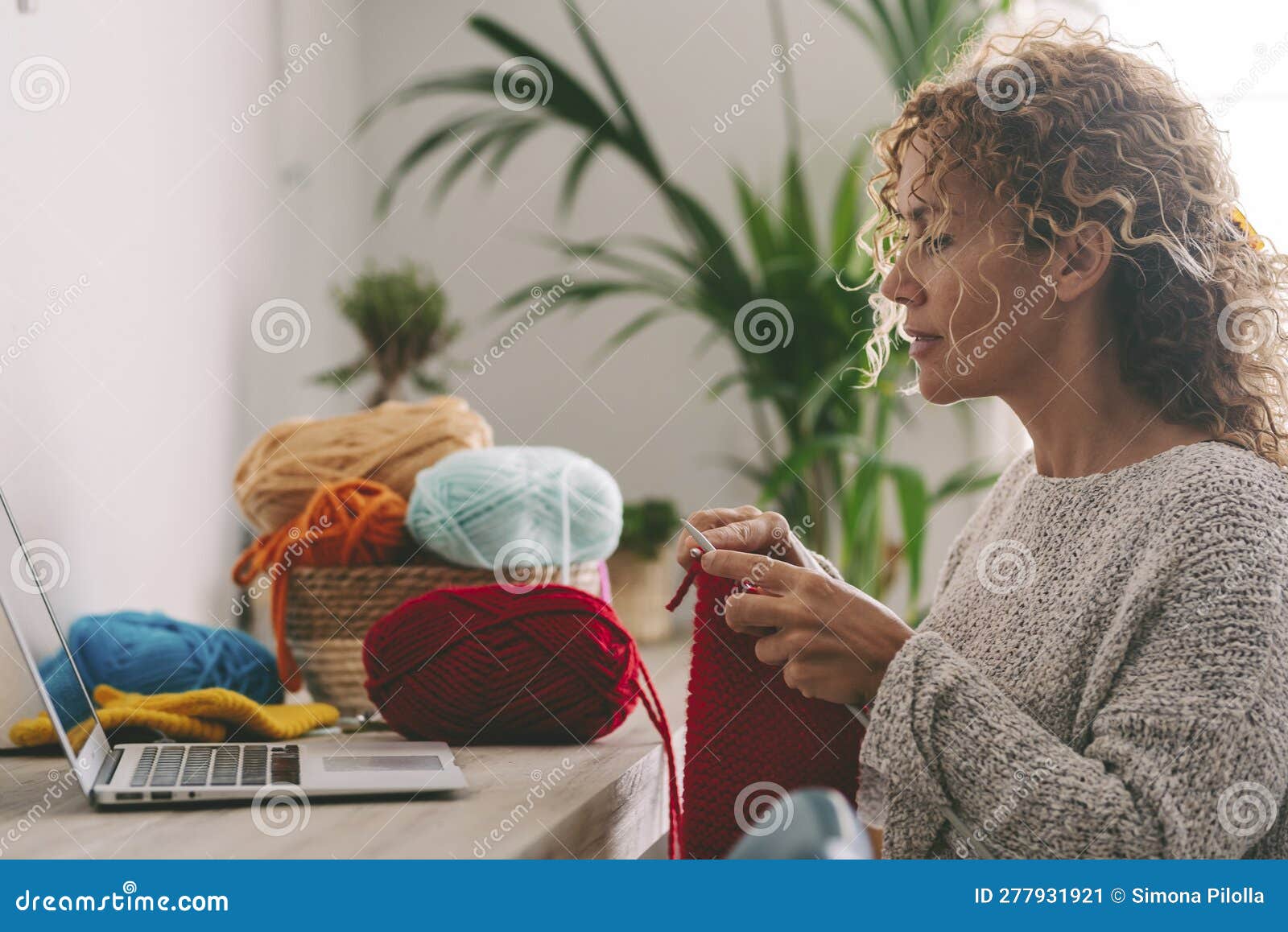 One Woman Doing Hobby at Home Watching Tutorial Online on Laptop ...