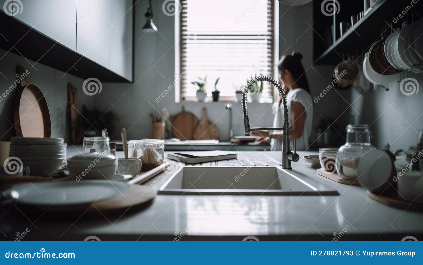 One Woman, Standing in Modern Kitchen, Preparing Food Creatively ...
