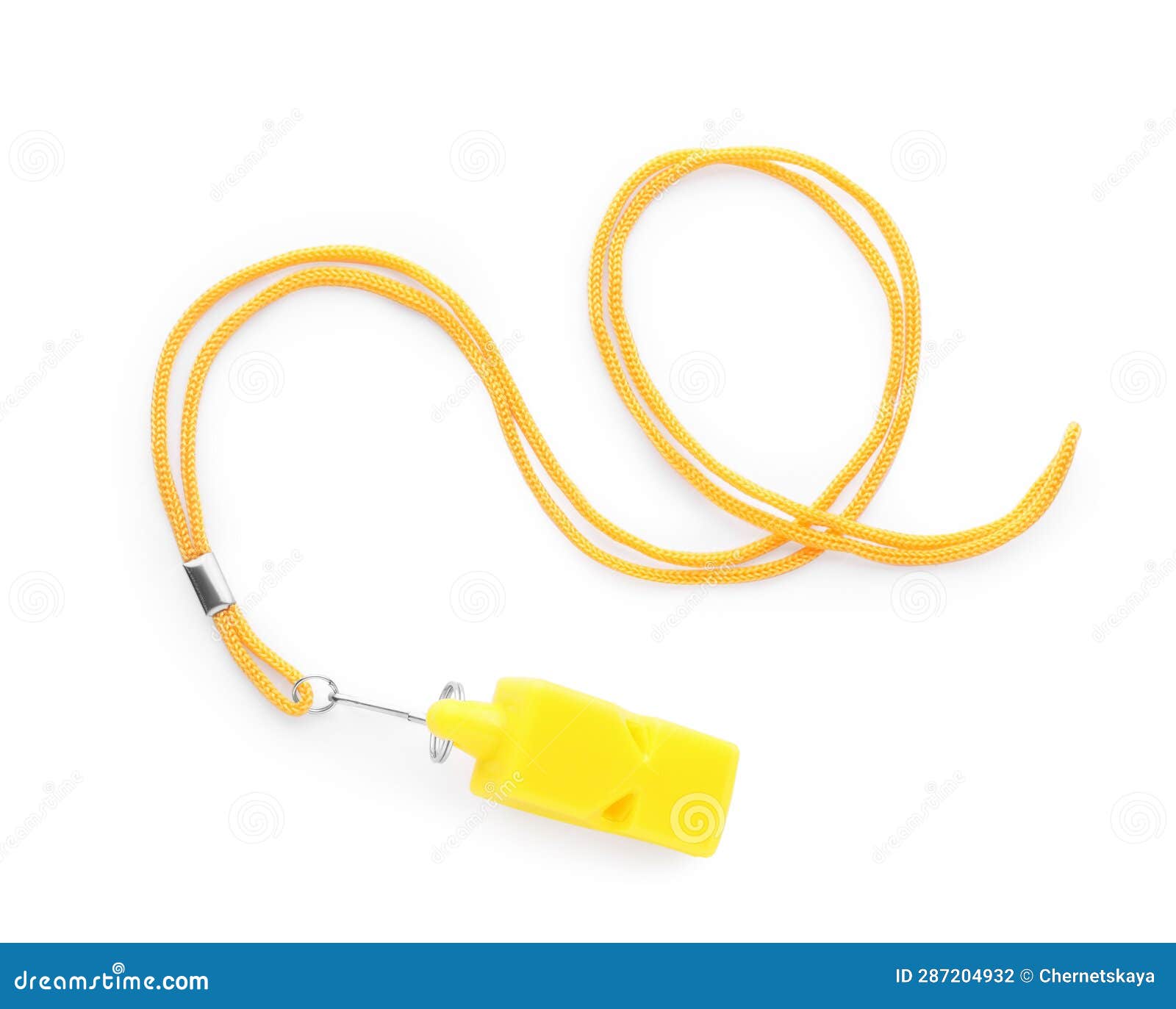 One Yellow Whistle with Orange Cord Isolated on White, Top View Stock ...