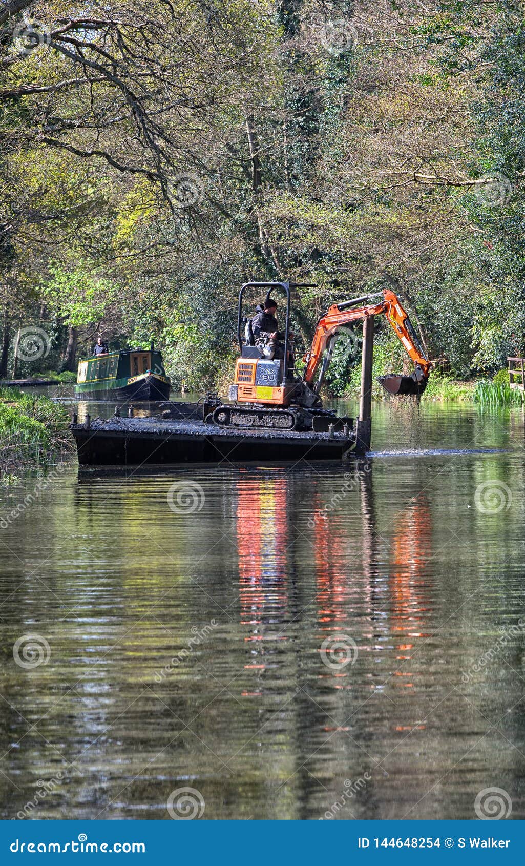 Mini Excavator, on a Floating Pontoon, Clearing the River Wey, Surrey ...
