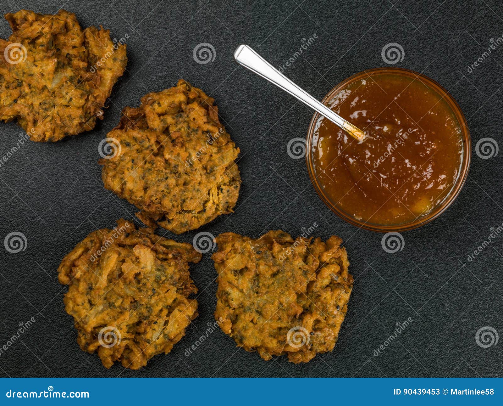 Onion Bhajis with Mango Chutney Stock Image - Image of creative, onion ...