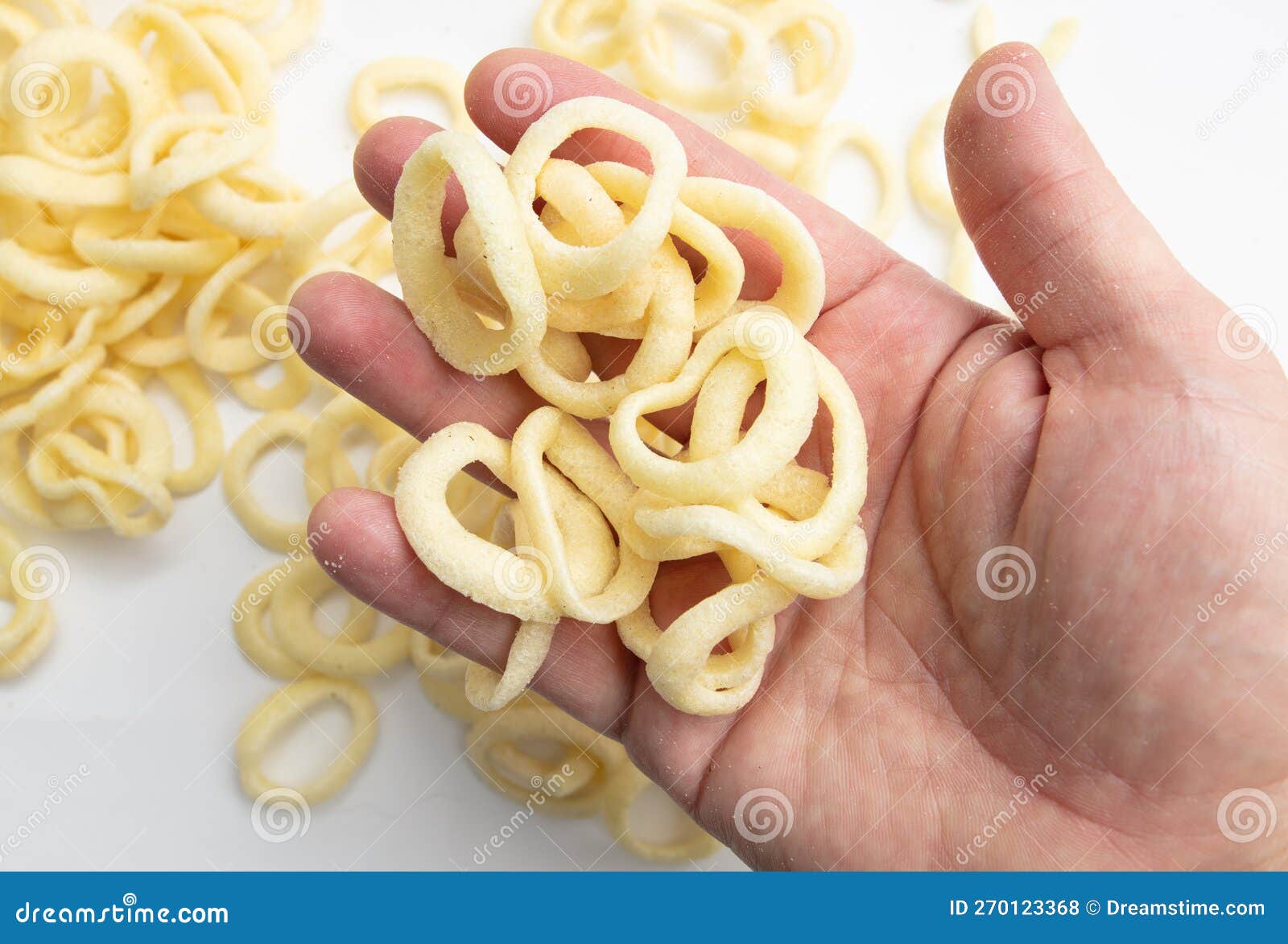 Onion ring chips in hand. stock photo. Image of beer - 270123368