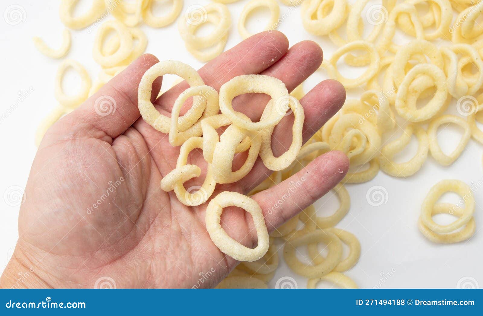 Onion ring chips in hand. stock photo. Image of food - 271494188