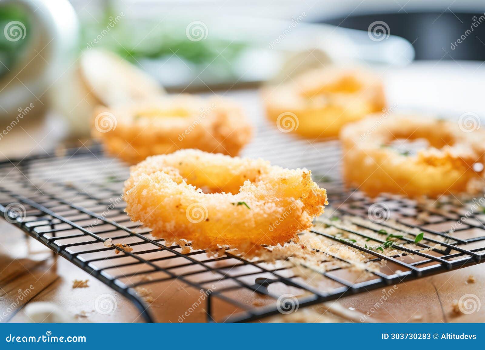 Onion Rings on a Cooling Rack, Fresh from Frying Stock Image - Image of ...