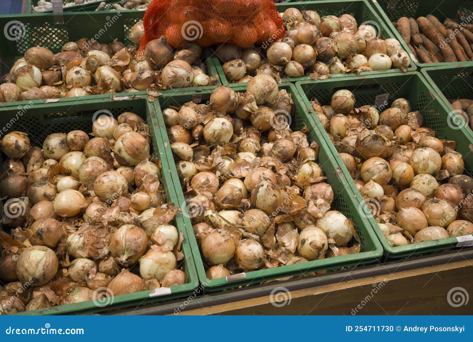 Onions on the Counter , Vegetables in Boxes in the Supermarket Stock ...