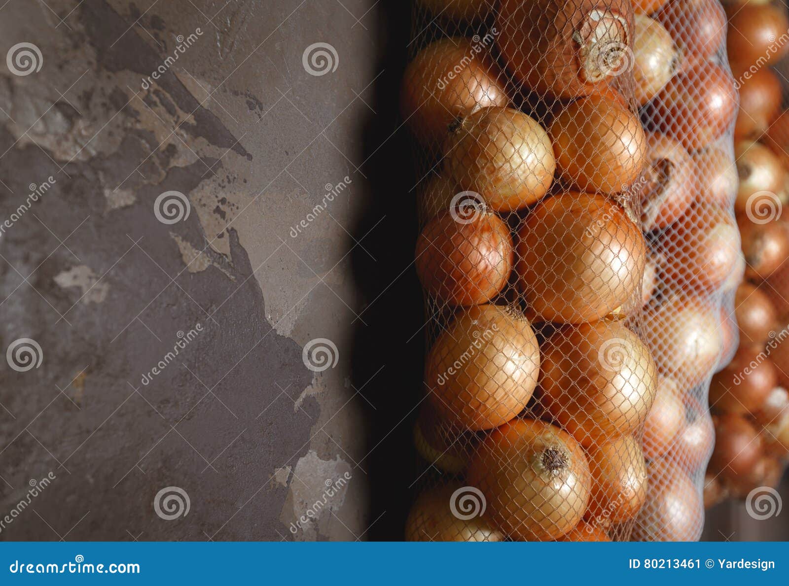 Onions Packed in Nets Hanging on Kitchen Wall Stock Image - Image of ...