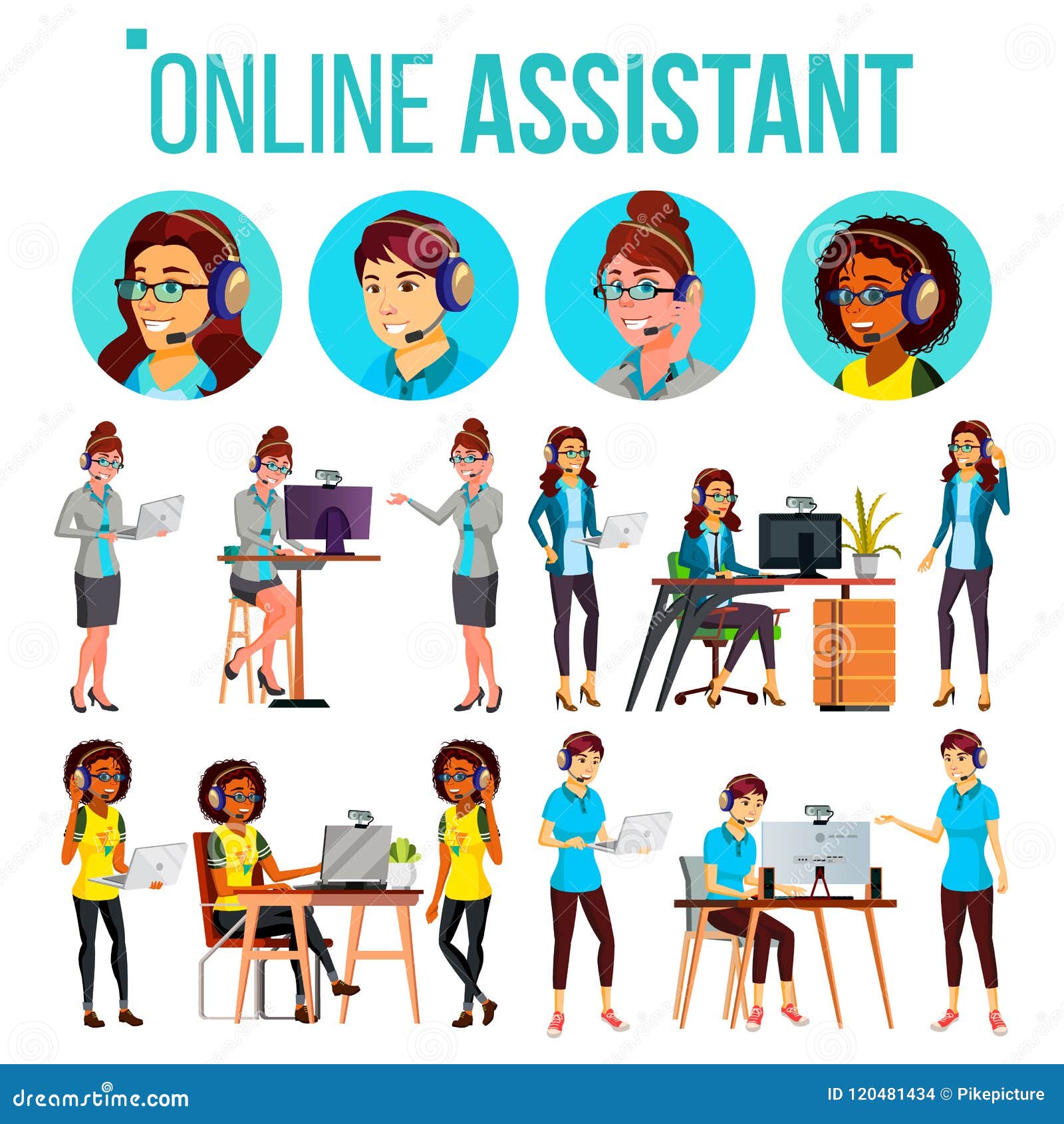 Online Assistant Woman Set Vector. Online Global Tech Support 24 7 ...