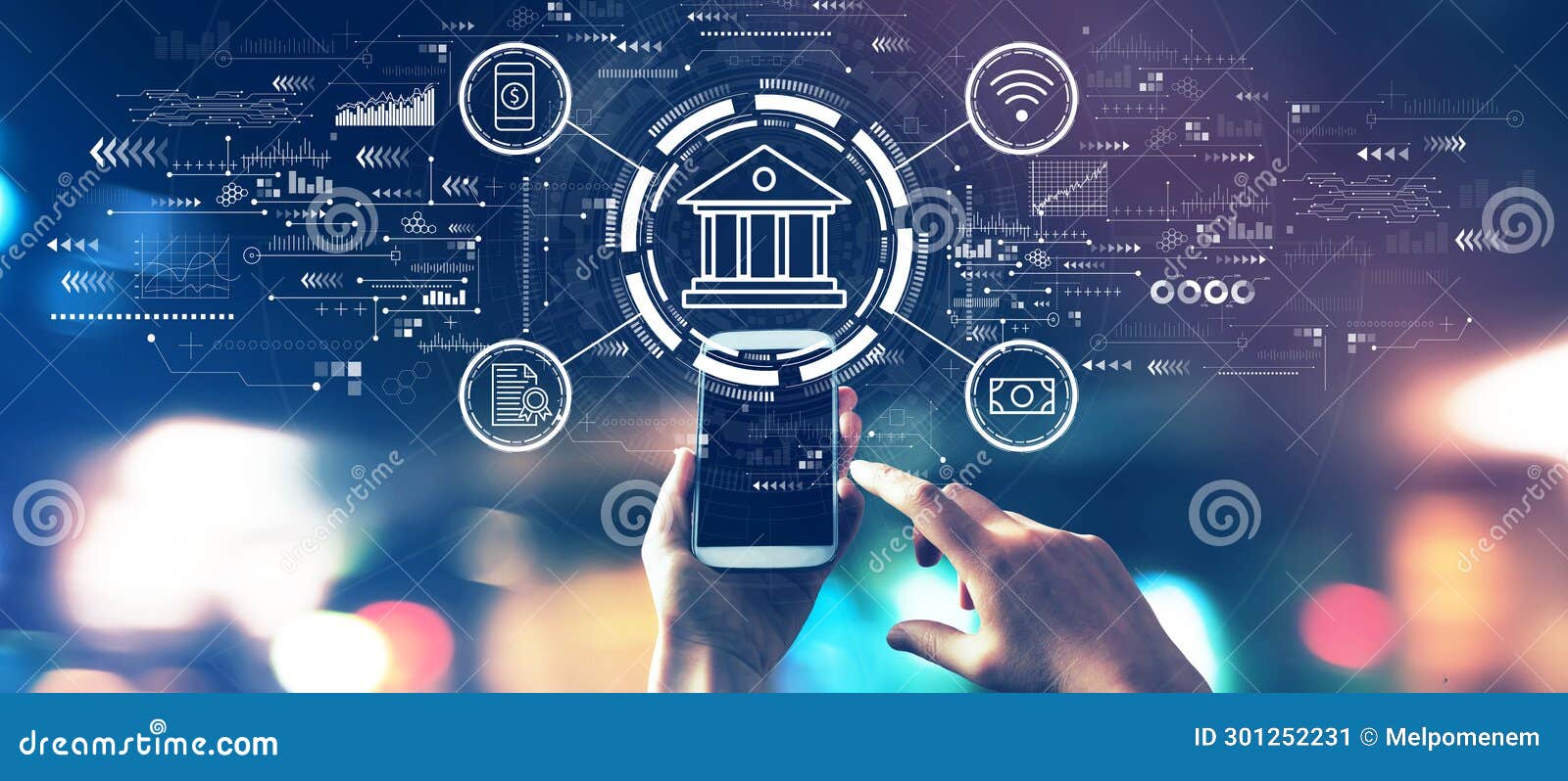 Online Banking Concept with City Lights at Night Stock Image - Image of ...