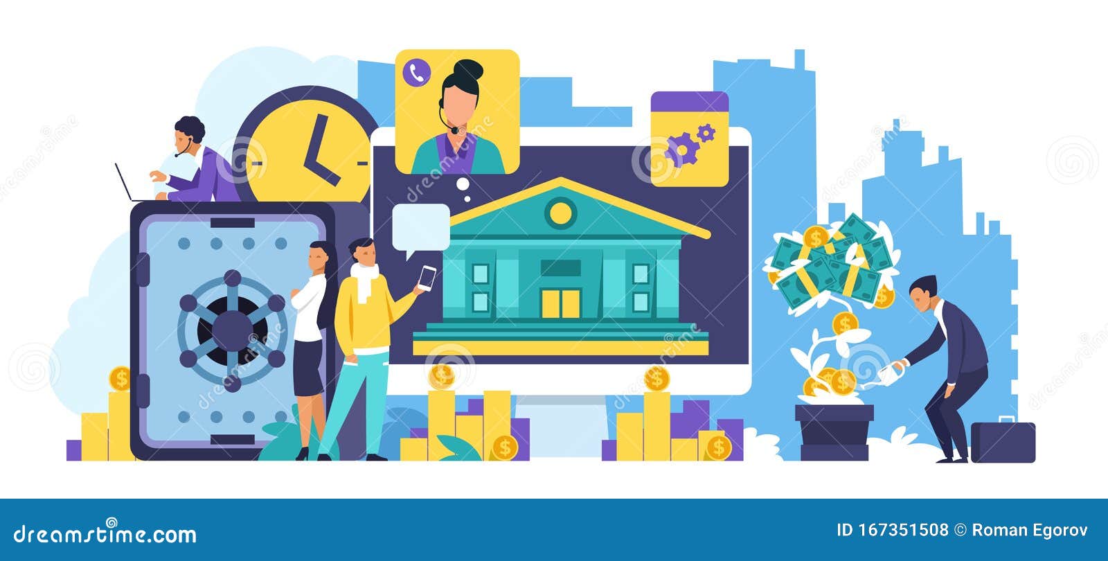 Online Banking Concept. Trendy Cartoon Characters Making Internet ...