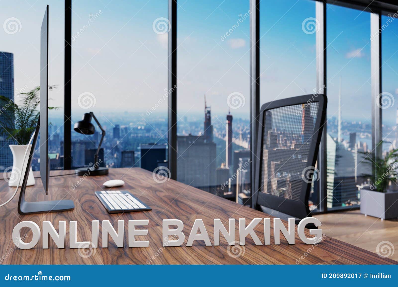 Online Banking; Office Chair in Front of Modern Workspace with Computer ...