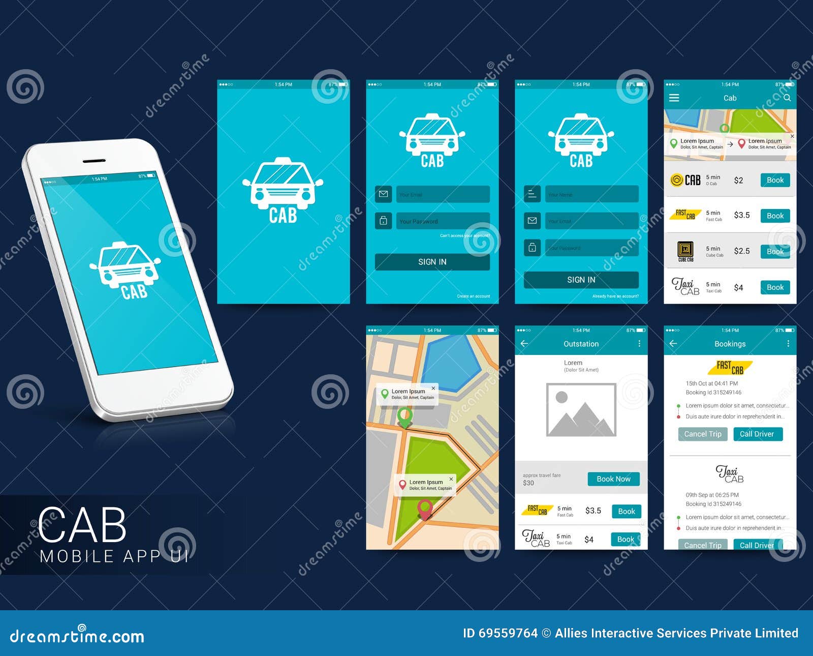 Online Cab Mobile App UI, UX and GUI Screens. Stock Illustration ...