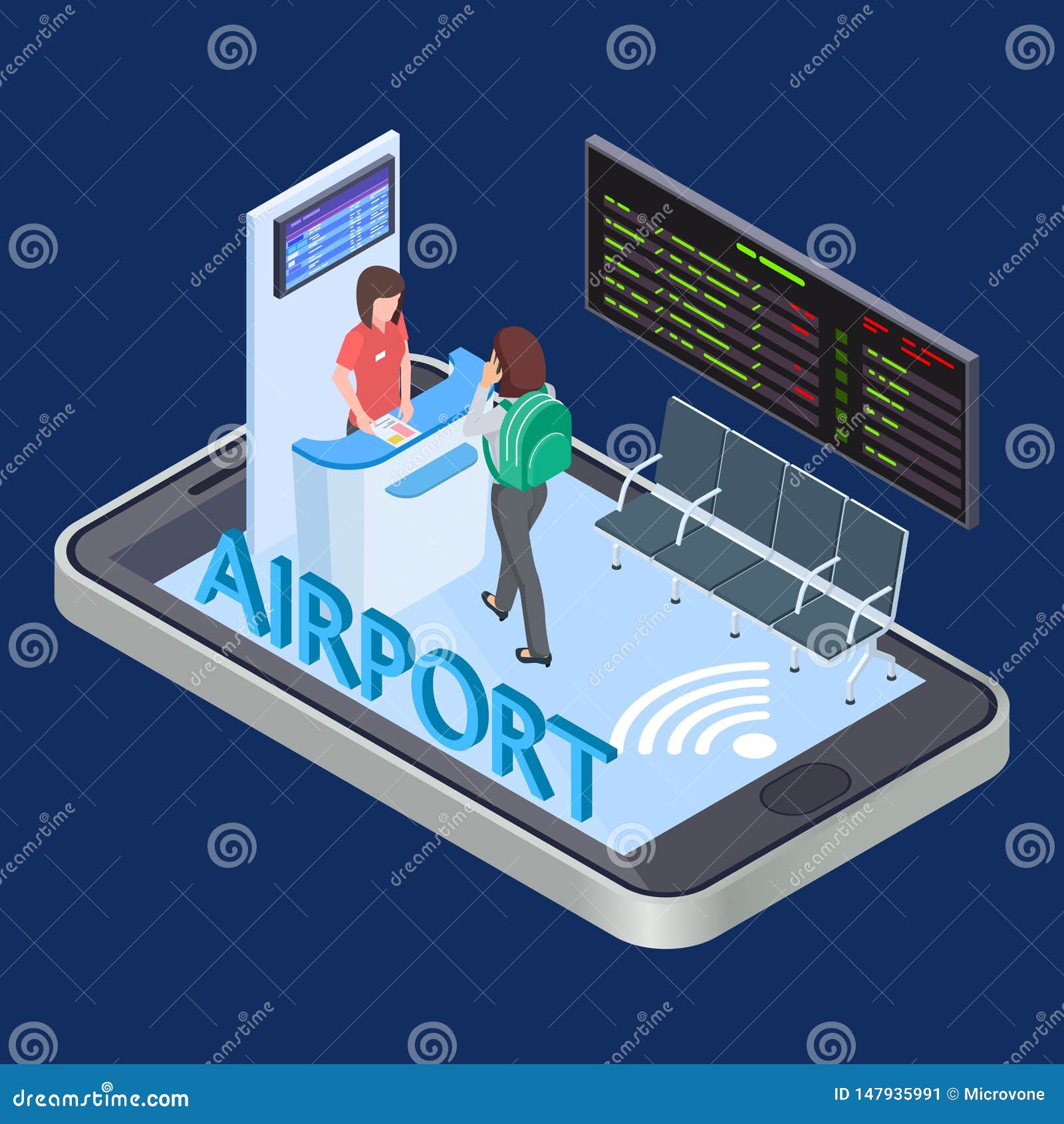 Online Check-in Service, Mobile App Isometric Vector Concept for Remote ...