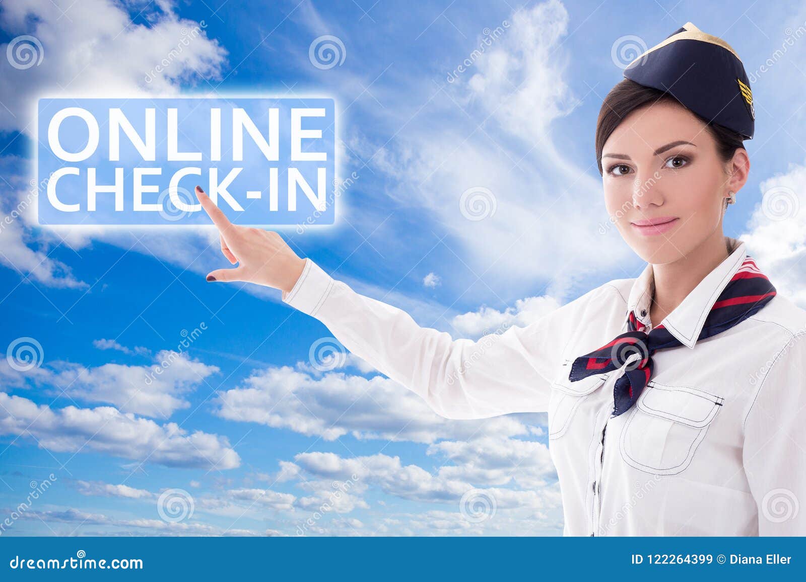 Online Check-in - Stewardess Pointing at Check-in Button Over Bl Stock ...