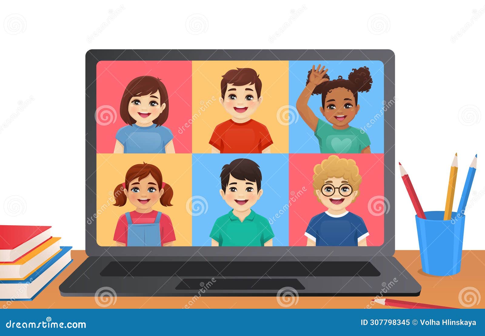 Online Class on Computer Screen with Kids Stock Illustration ...