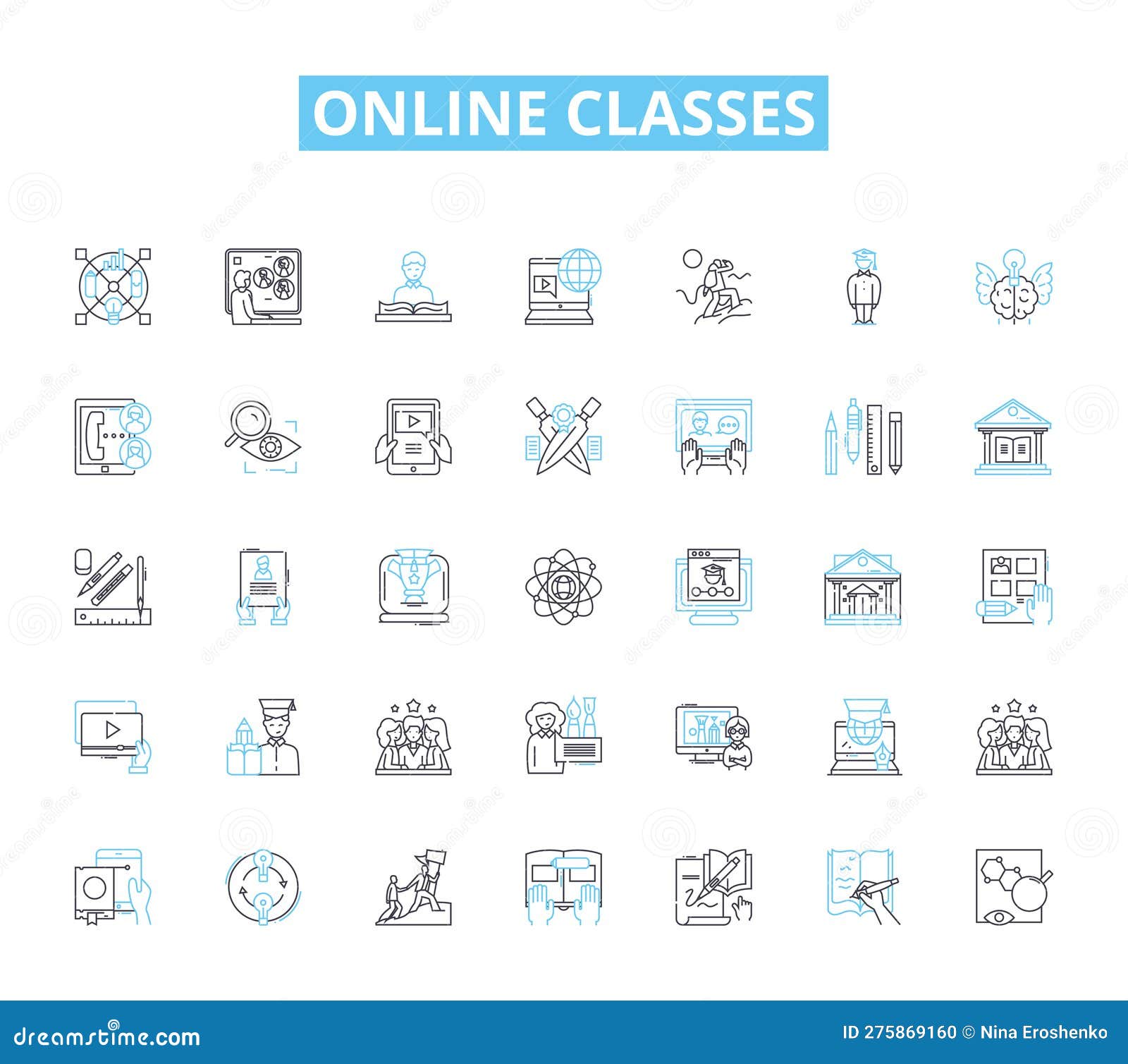 Online Classes Linear Icons Set. Virtual, Remote, Digital, E-learning ...