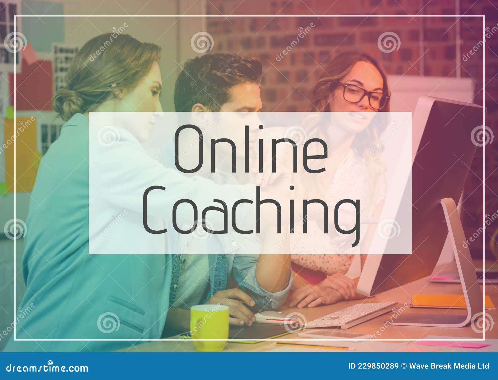 Online Coaching Text Banner Against Office Colleagues Using Computer At ...