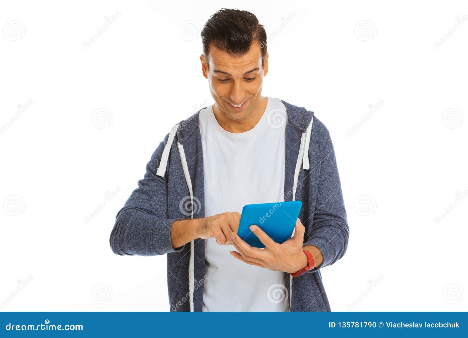 Joyful Positive Man Checking His New Messages Stock Photo - Image of ... Joyful Positive Man Checking His New Messages Stock Photo - Image of ...