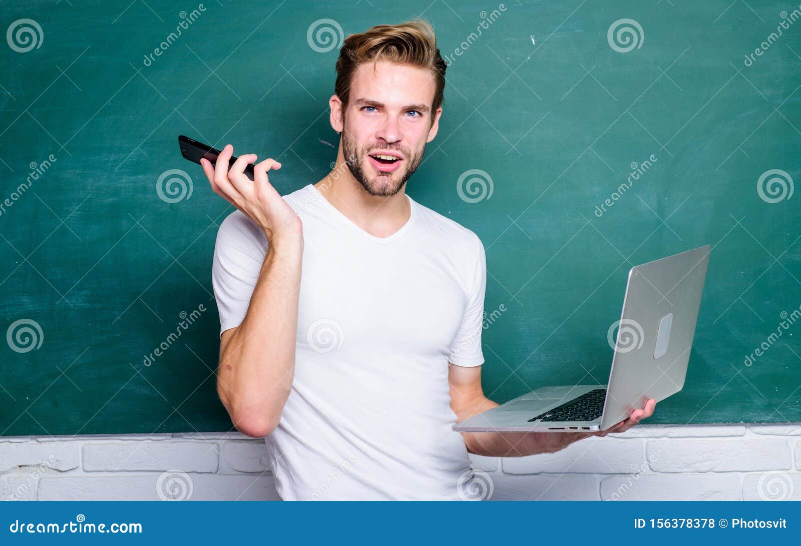 Online Communications. School Teacher with Laptop. Digital Technology ...