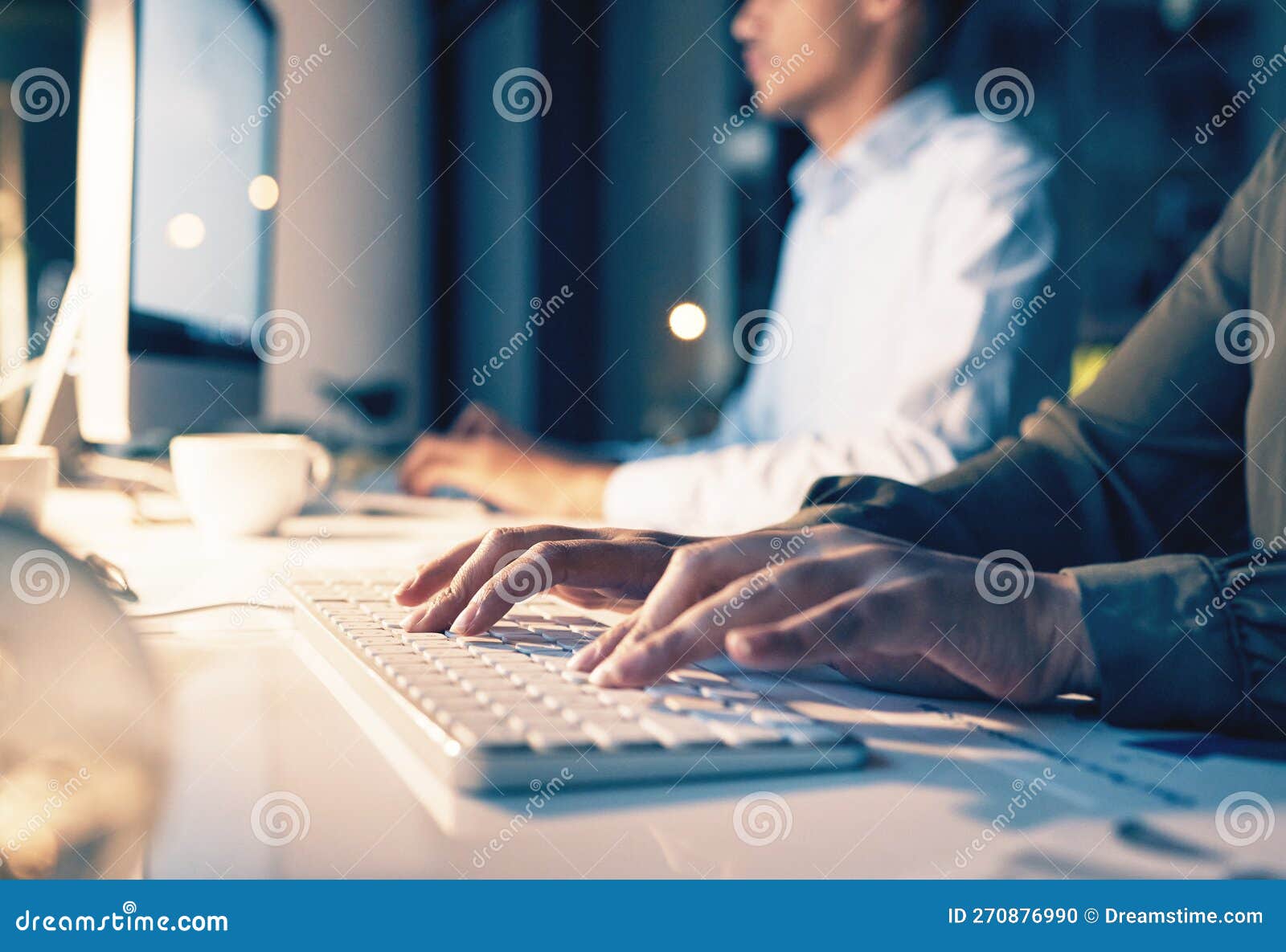 Online, Computer and Night with Hands of Person in Office for Email ...