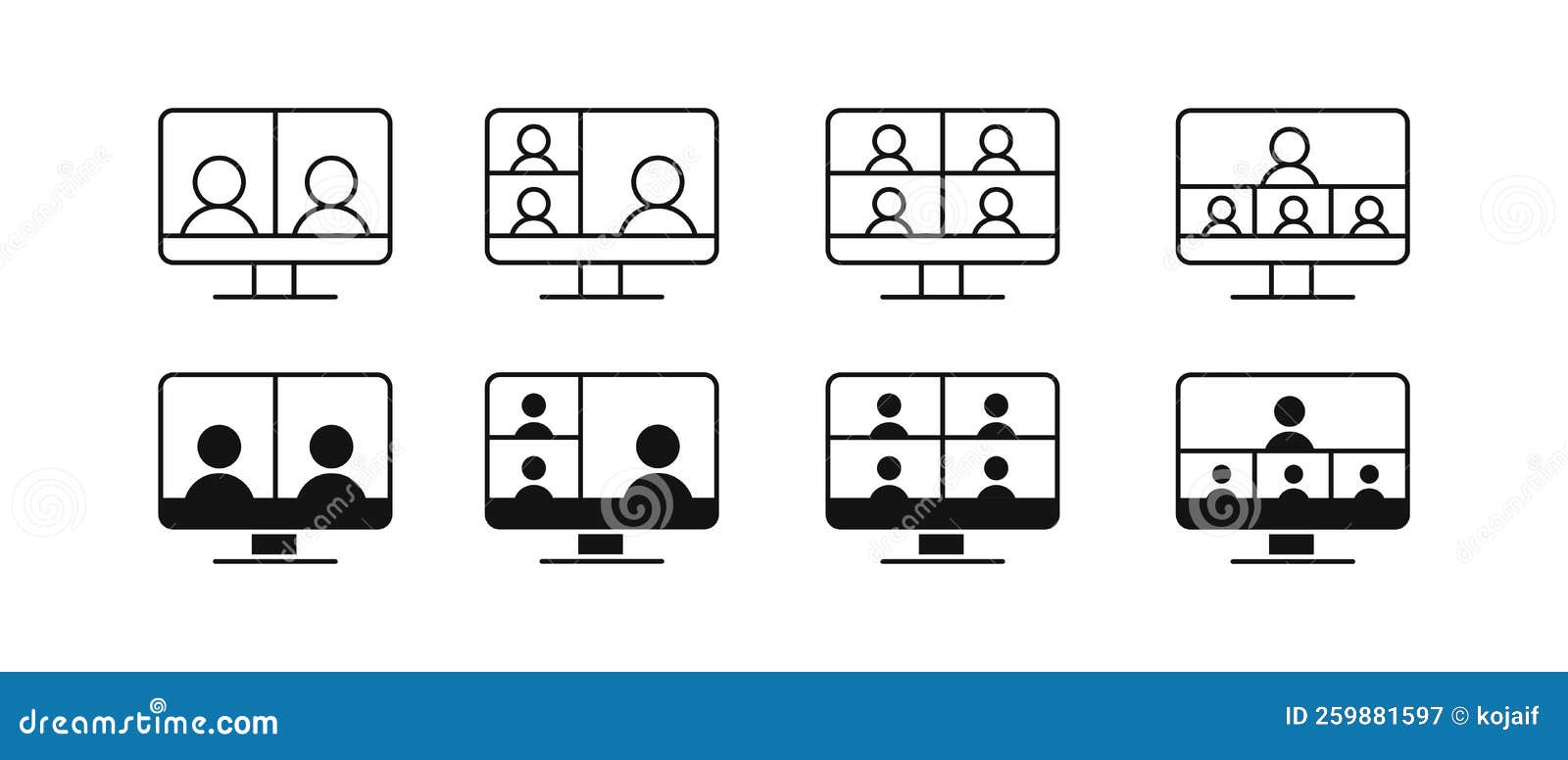 Online Conference Vector Icon Set. People on the Computer Screen Stock ...