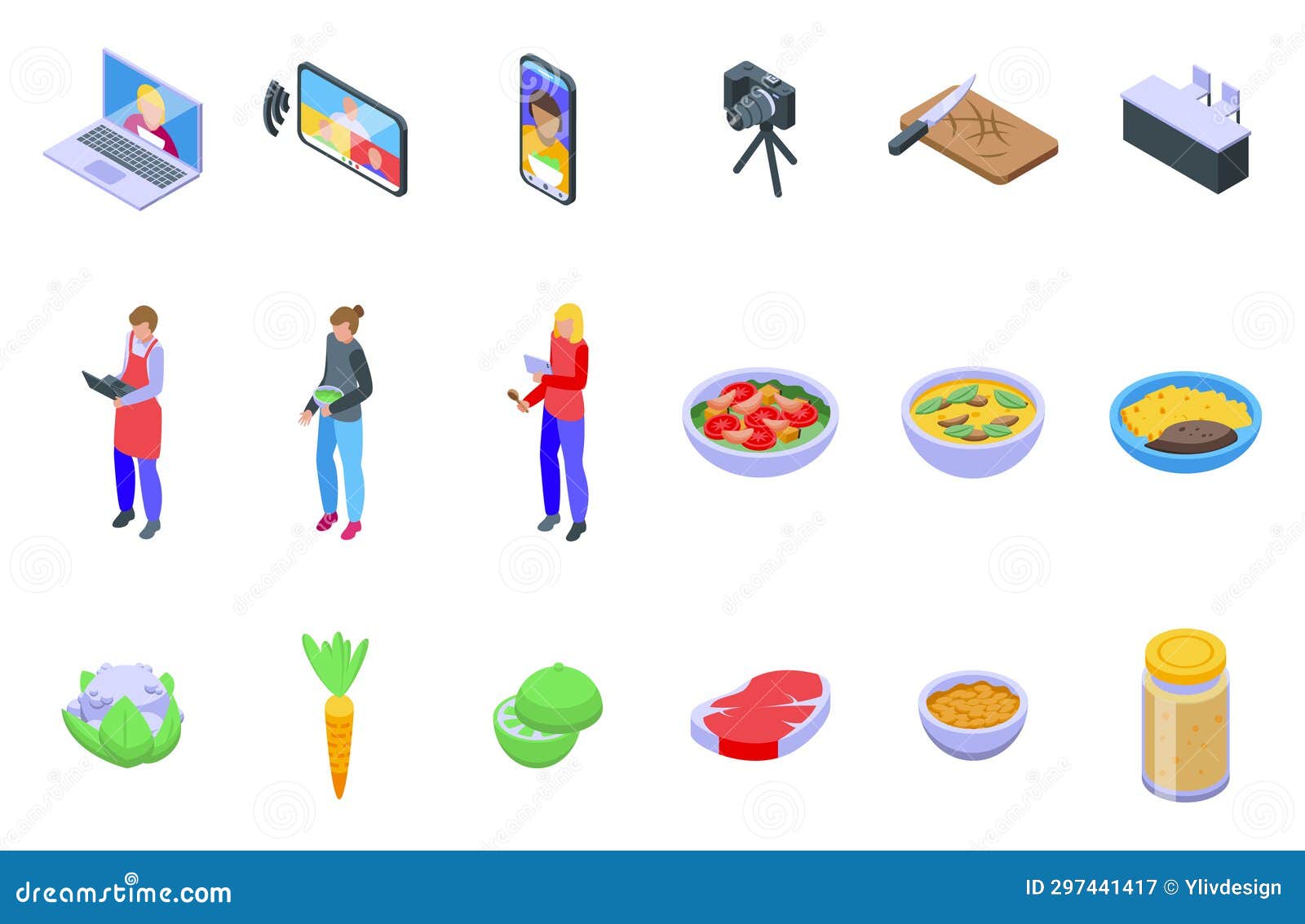 Online Cooking Classes Icons Set Isometric Vector. Tablet Cook Stock ...