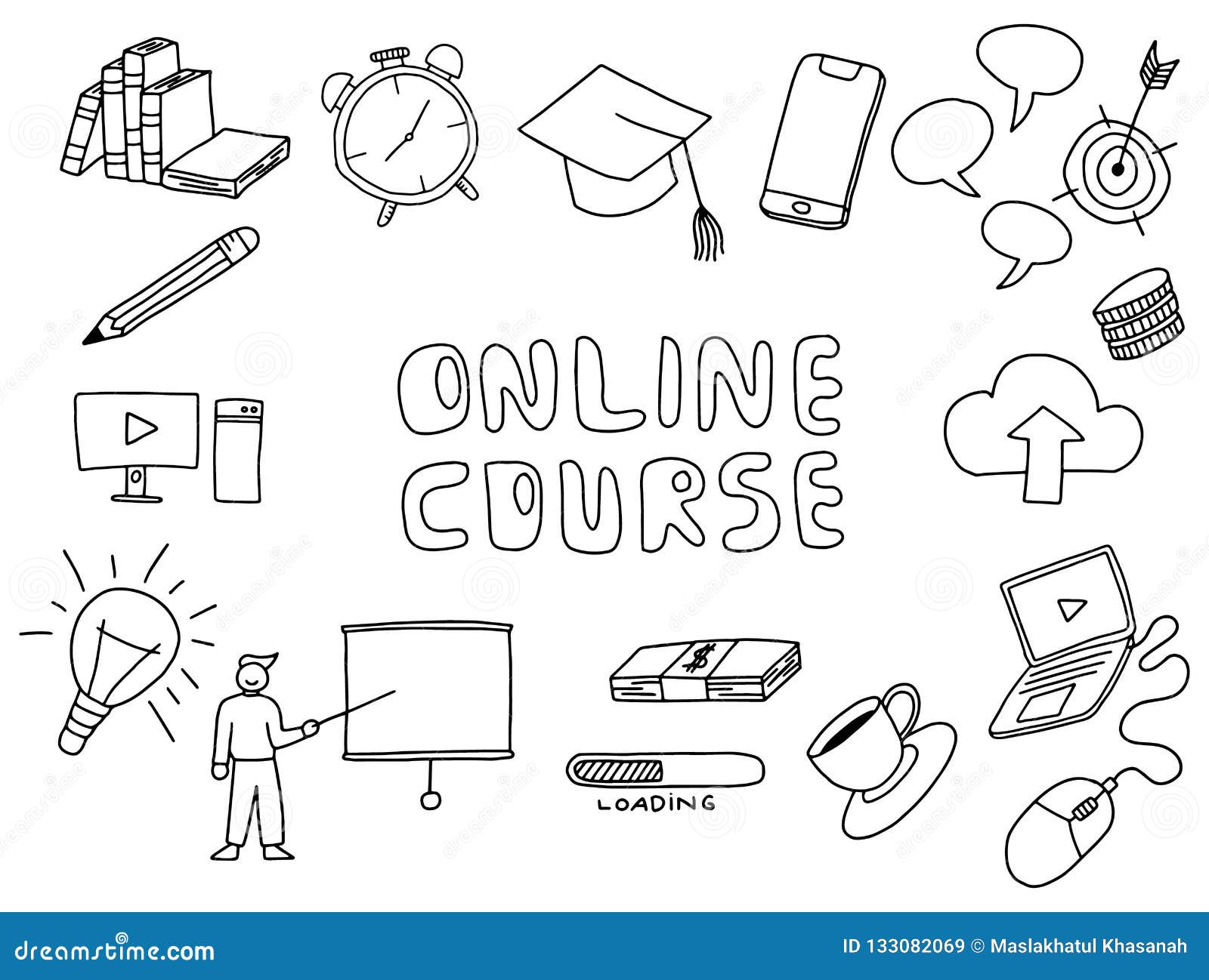 Online Course Doodle Illustration Art With Paper Background Black And ...