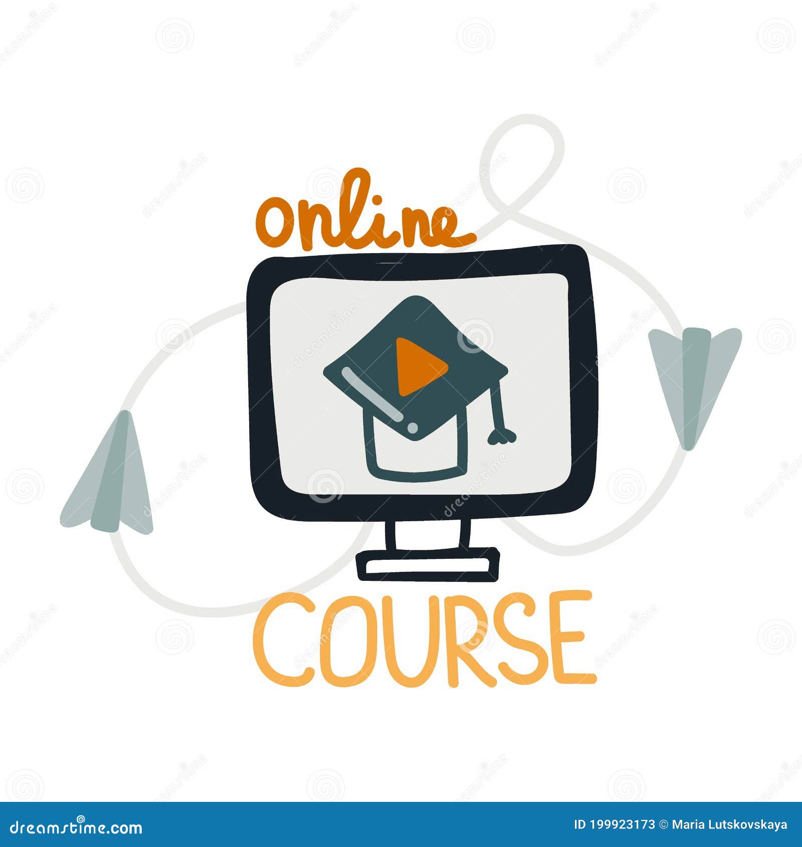 Online Course Lettering. Computer Monitor and Student Hat on Screen, E ...