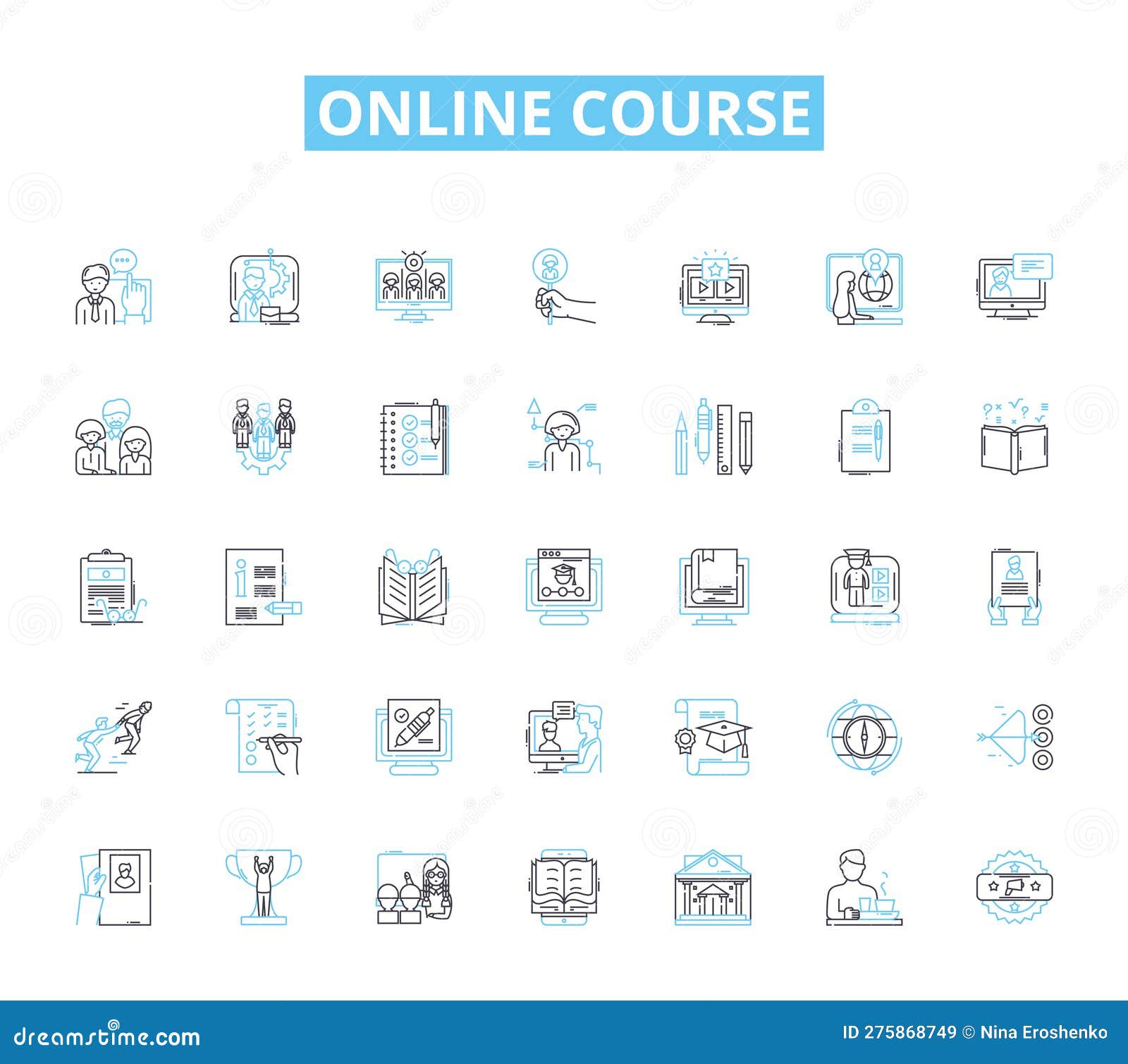 Online Course Linear Icons Set. E-learning, Webinars, Certification ...