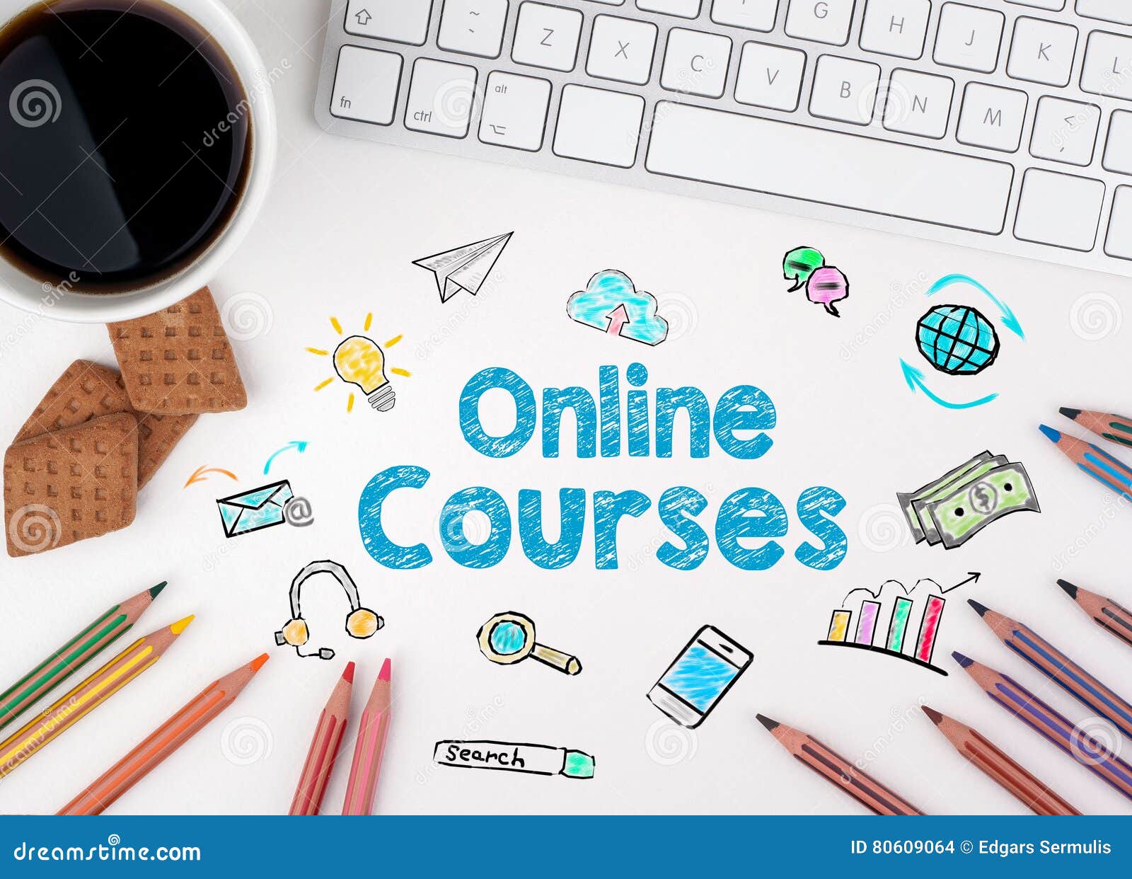 Online Courses, Business Concept. White Office Desk Stock Illustration ...