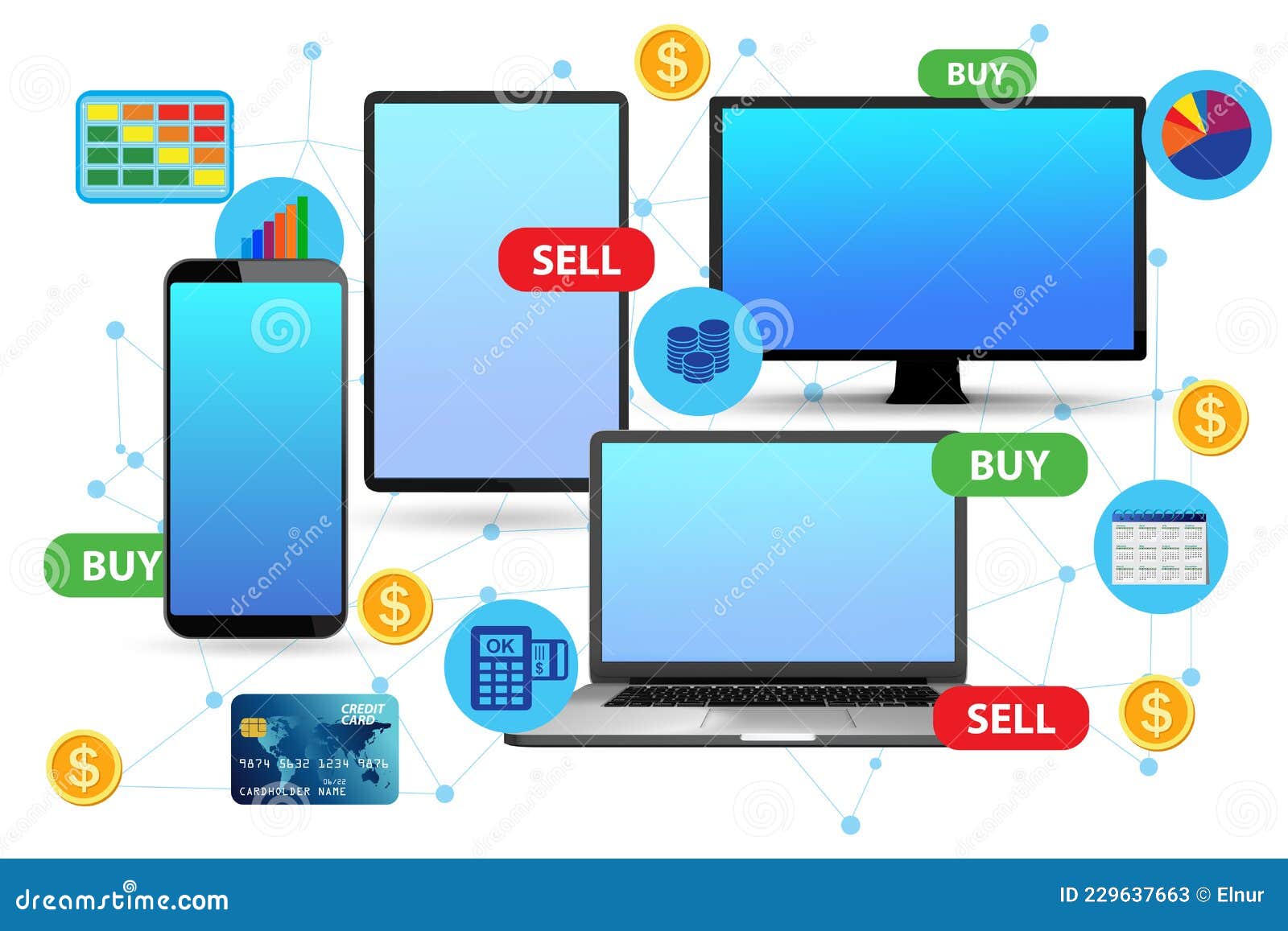 Online Currency Trading Concept with Various Devices Stock Illustration ...