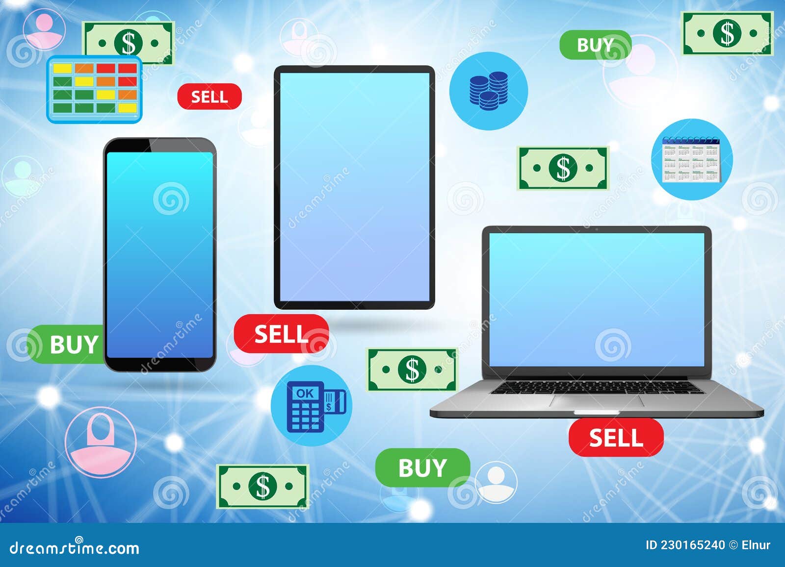 Online Currency Trading Concept with Various Devices Stock Illustration ...
