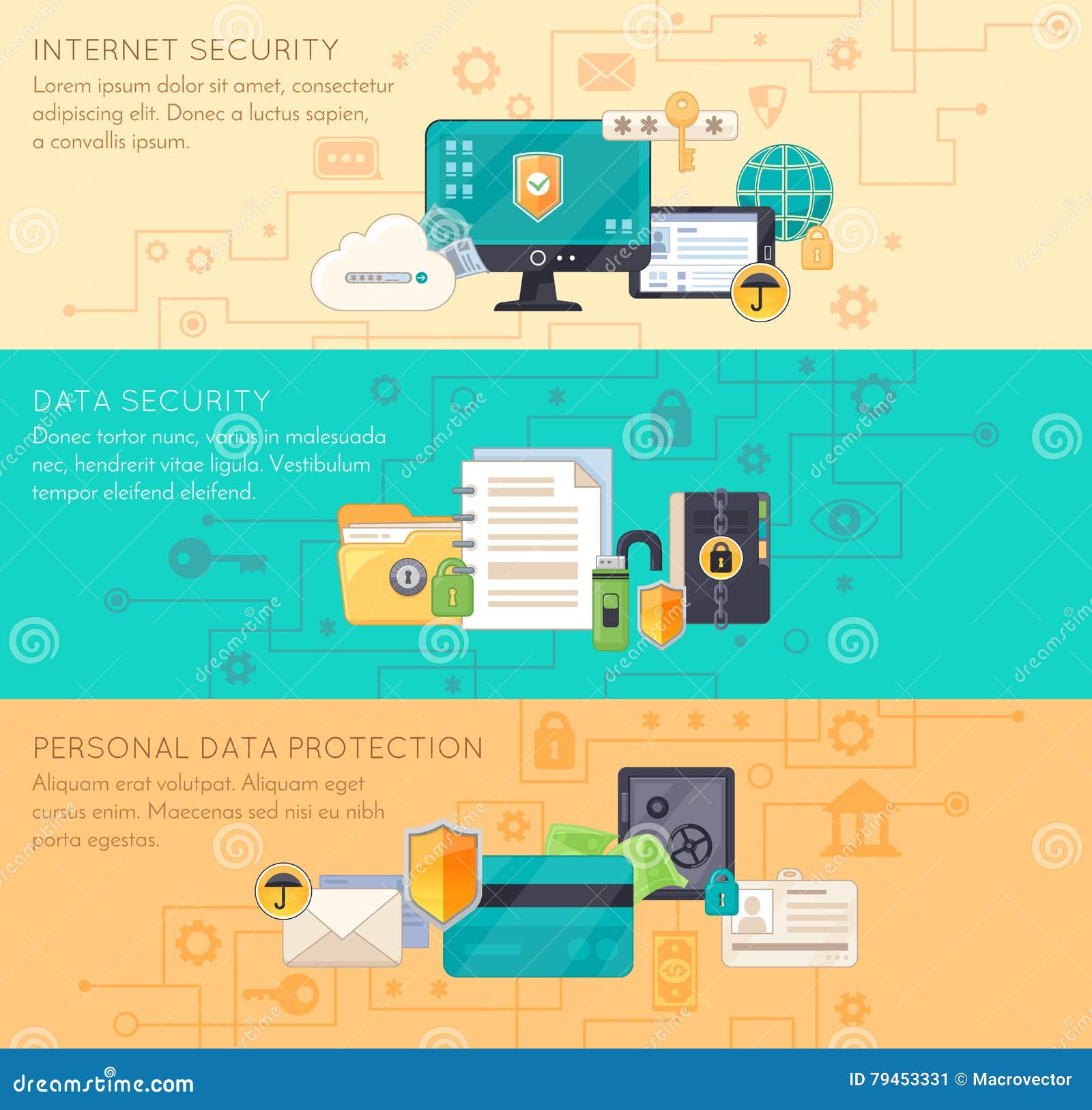 Online Data Protection 3 Flat Banners Stock Vector - Illustration of ...