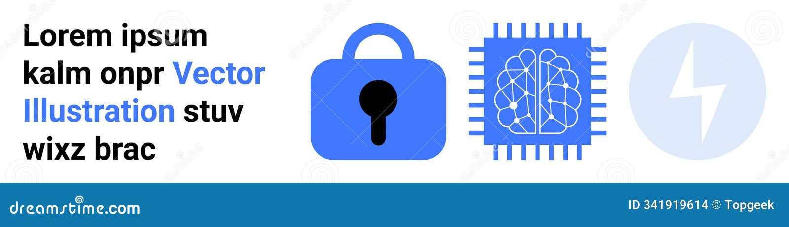 Online Data Security and AI Technology Concept with Blue Lock, Brain and Lightning Bolt Icons ...