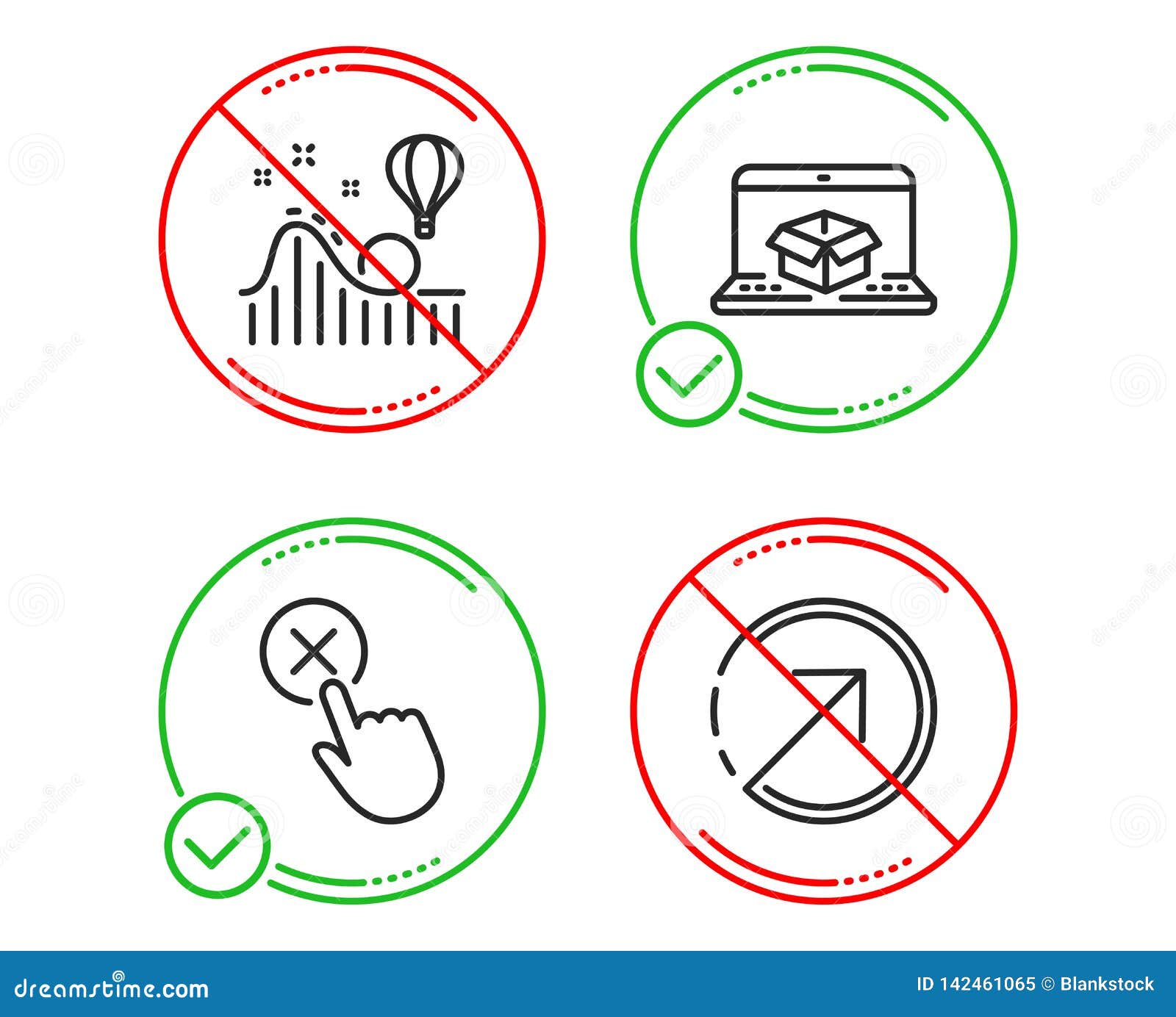 Online Delivery, Reject Click and Roller Coaster Icons Set. Direction ...