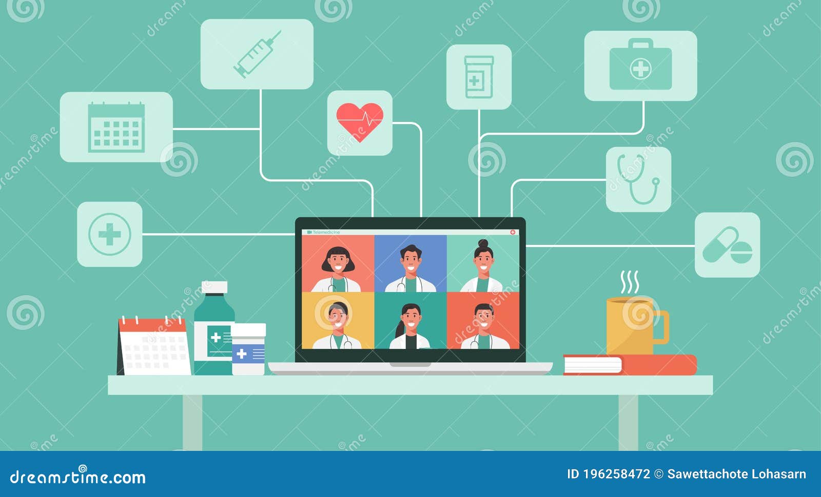 Group of Doctors Video Conferencing on Laptop Screen and Medicine Icons ...