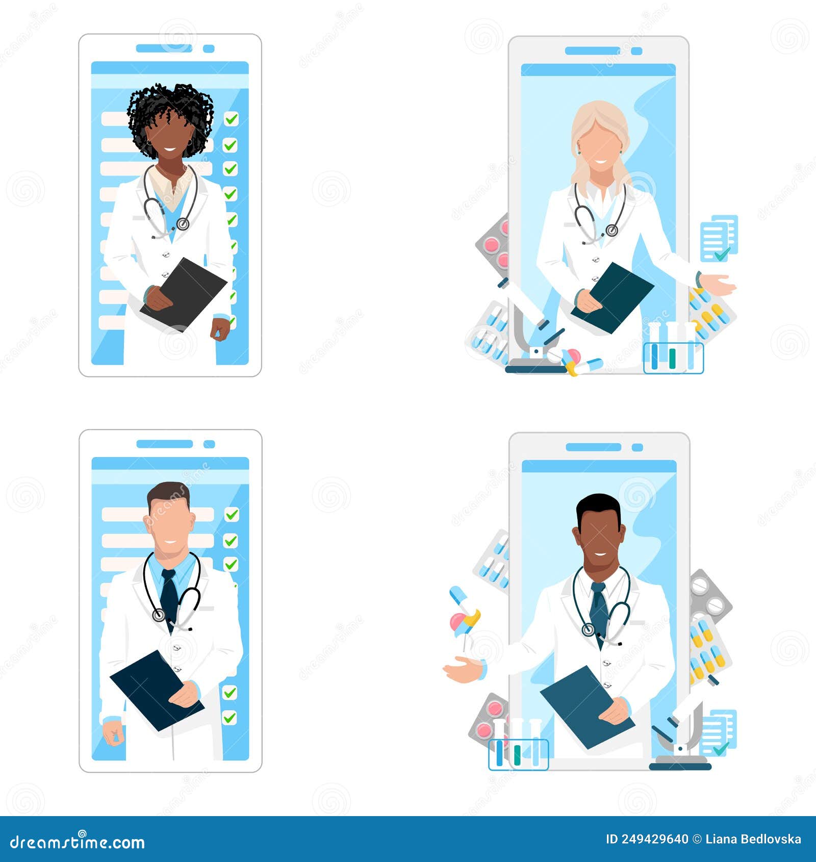 Set of Friendly Doctor Consults a Patient Via Online Stock Vector ...