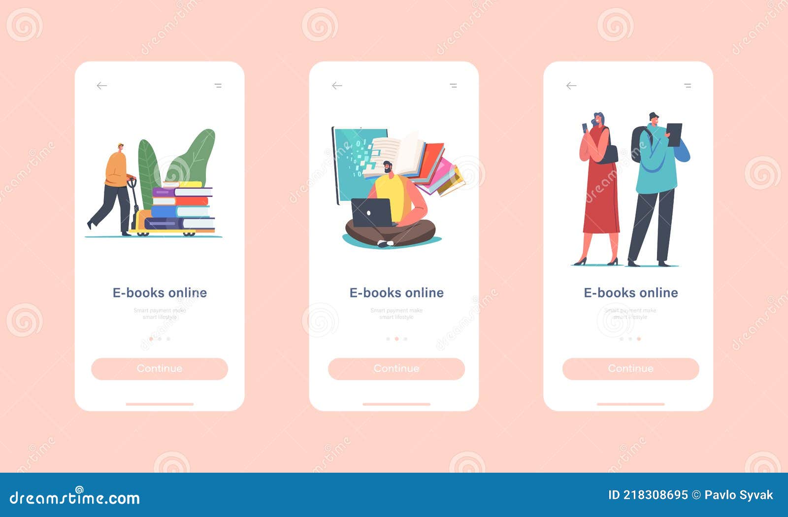 Online E-books Mobile App Page Onboard Screen Template. Tiny Characters with Digital Devices ...