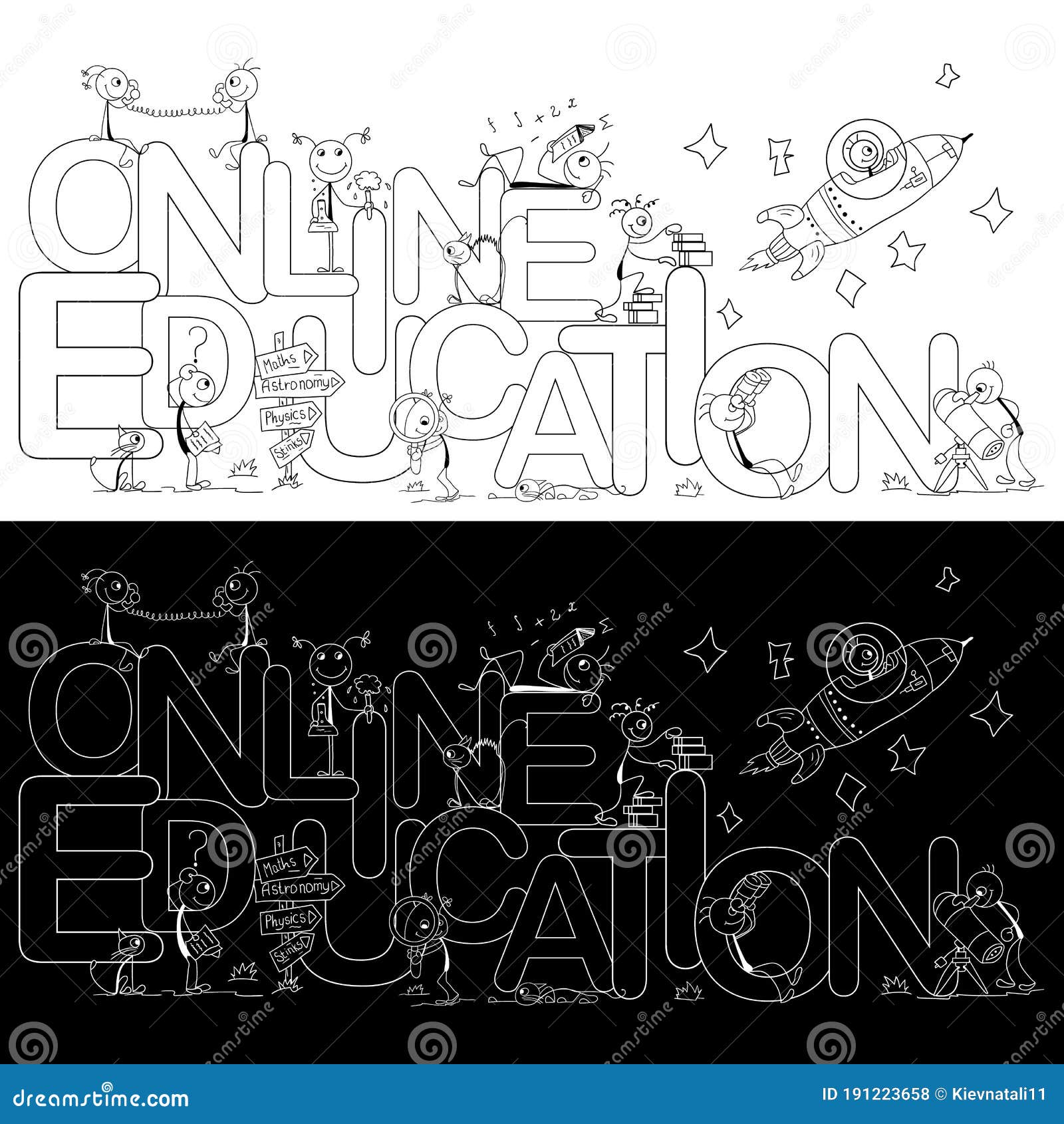 Online Education. Black and White Illustration for Education with ...