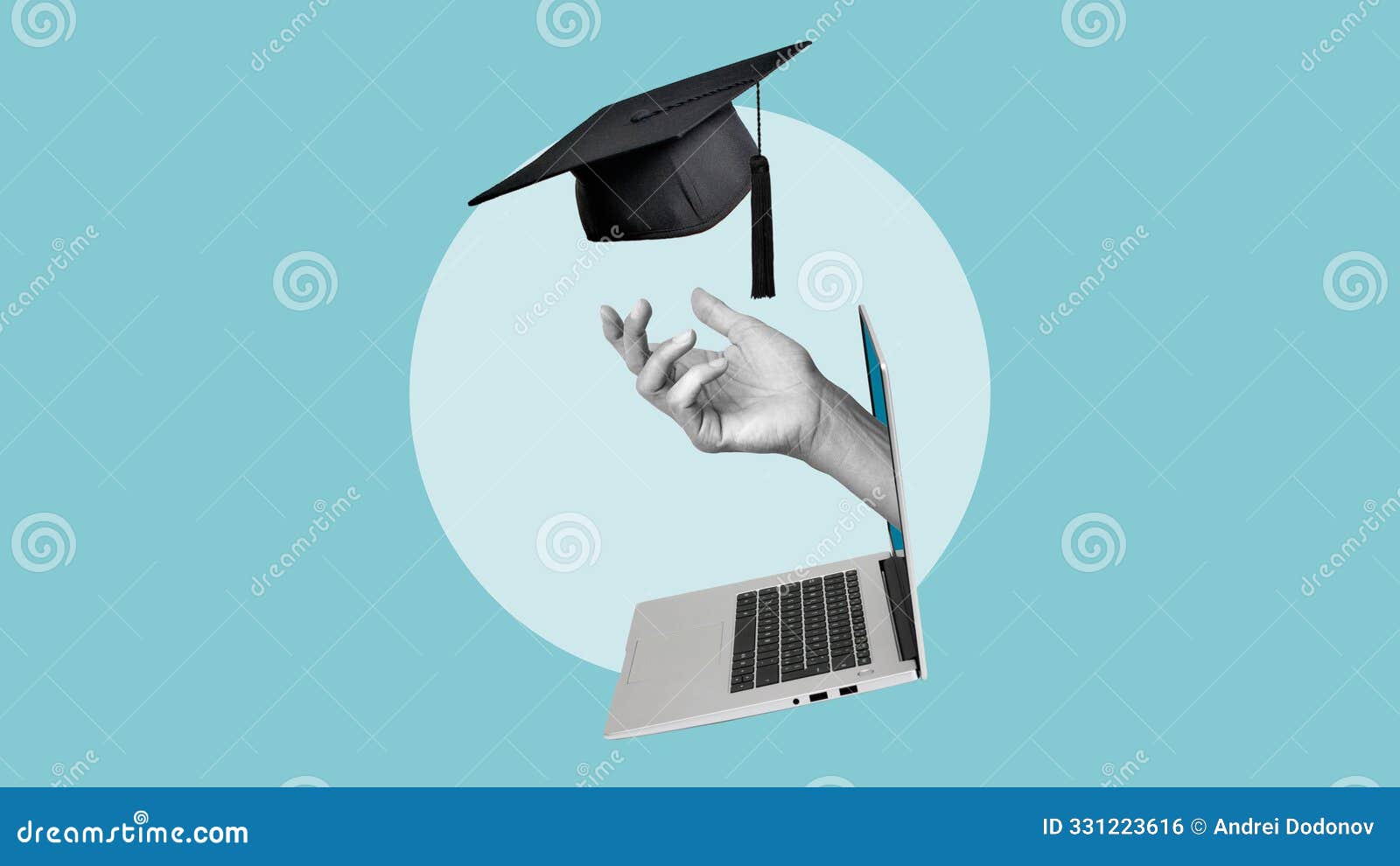 Online Education Completion Theme. A Hand Extends Out From A Computer ...