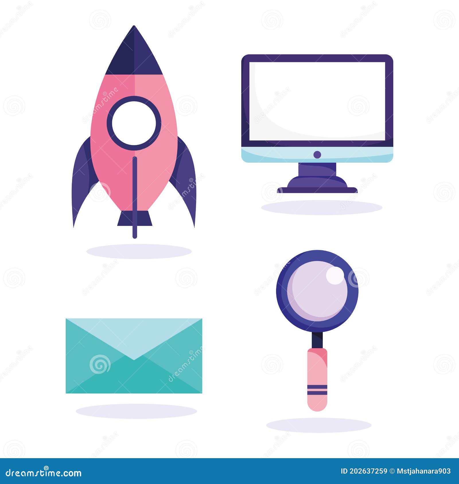 Online Education, Computer Magnifying Glass Mail Rocket Icons Stock ...