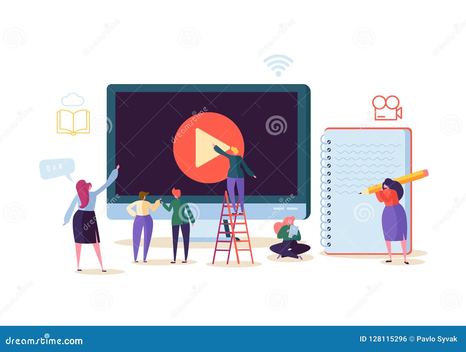 Online Education Concept. E-Learning with Flat People Watching ...