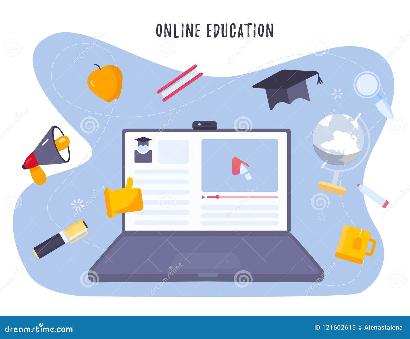 Online Education Concept with Notebook and Study Objects, Hat, Pen ...