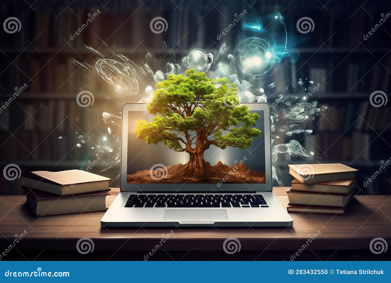 Online Education Concept. Tree Growing from the Laptop. Library ...