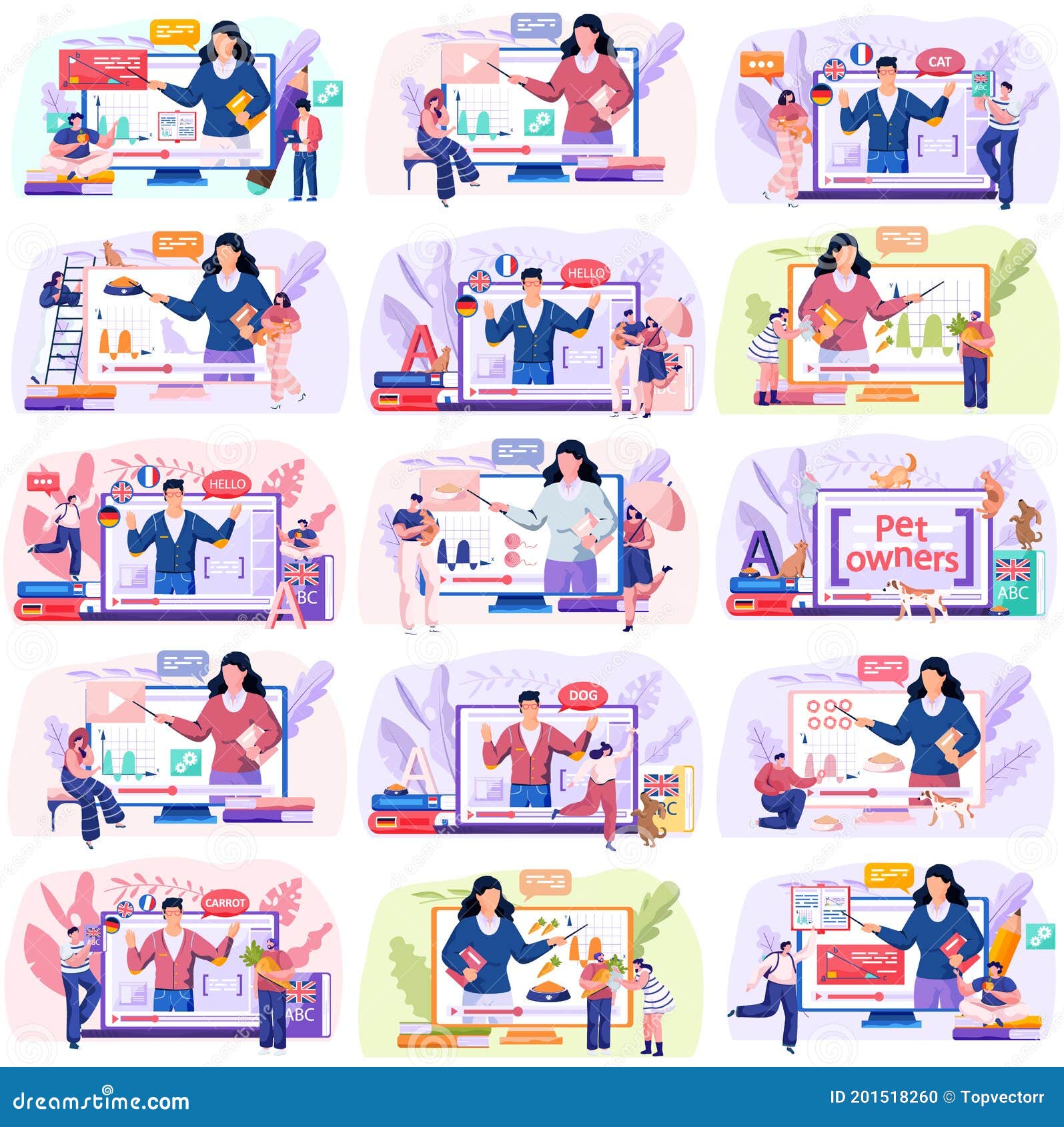 Online Education E-learning Science Concept, Scenes Set With Students Which Study Remotely ...